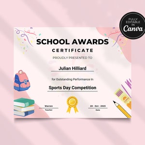 School Awards Editable Certificate, Scholarship Award Template ...