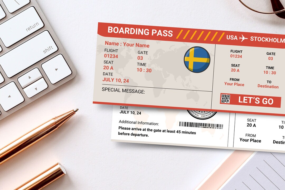 Canva Stockholm Boarding Pass Template Editable Surprise Trip Reveal ...