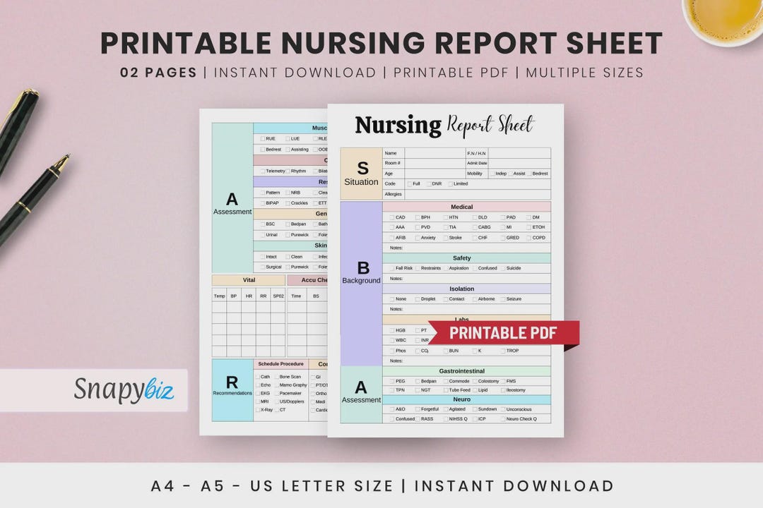 Printable Nursing Report Sheet, Patient Chart, Clinical Notes, A4/A5/US ...