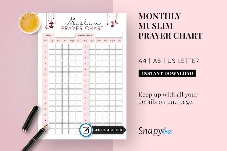 Muslim Prayer Chart Printable, Kids Salah Tracker Digital Download - Etsy