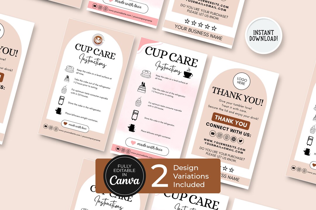 Cup Care Card Editable Template, Printable Cup Care Instructions, Cup ...