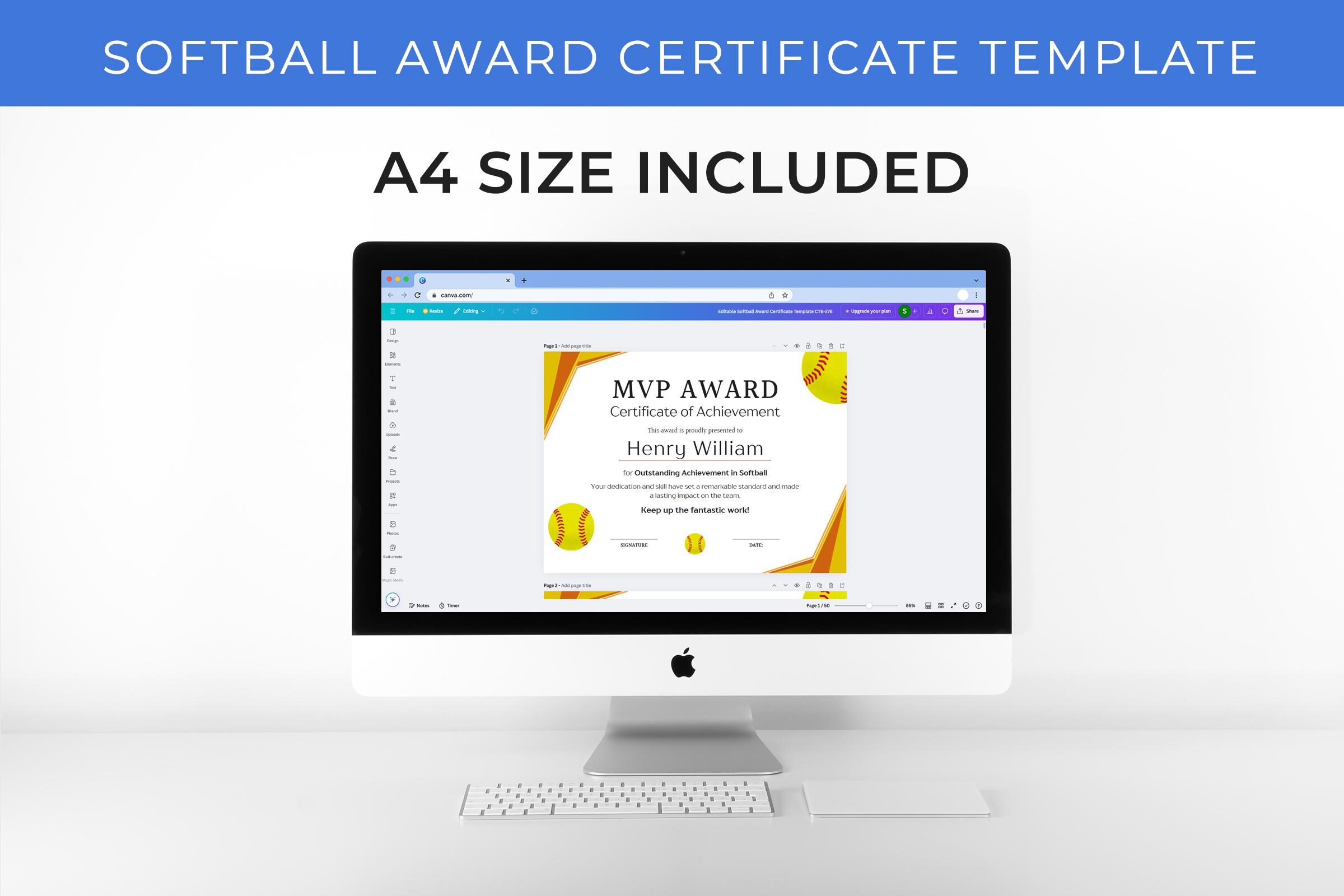 Editable Softball Award Certificates, Canva Editable Team Awards ...