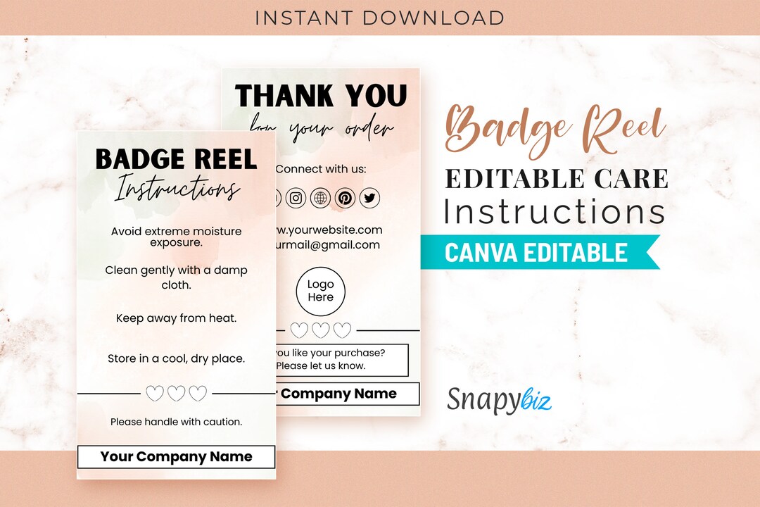 Editable Badge Reel Care Instructions Card, Printable Badge Reel Care ...