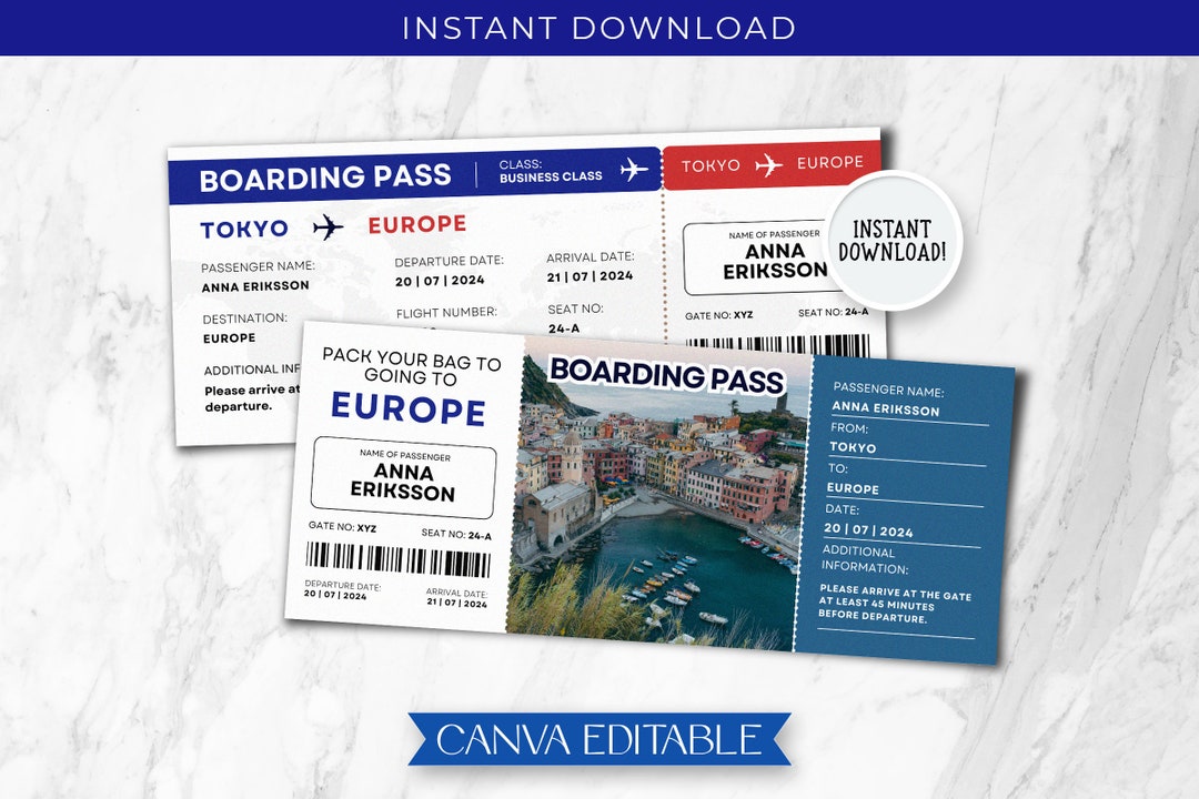 Europe Trip Surprise Gift Ticket Canva Editable Template Customizable ...
