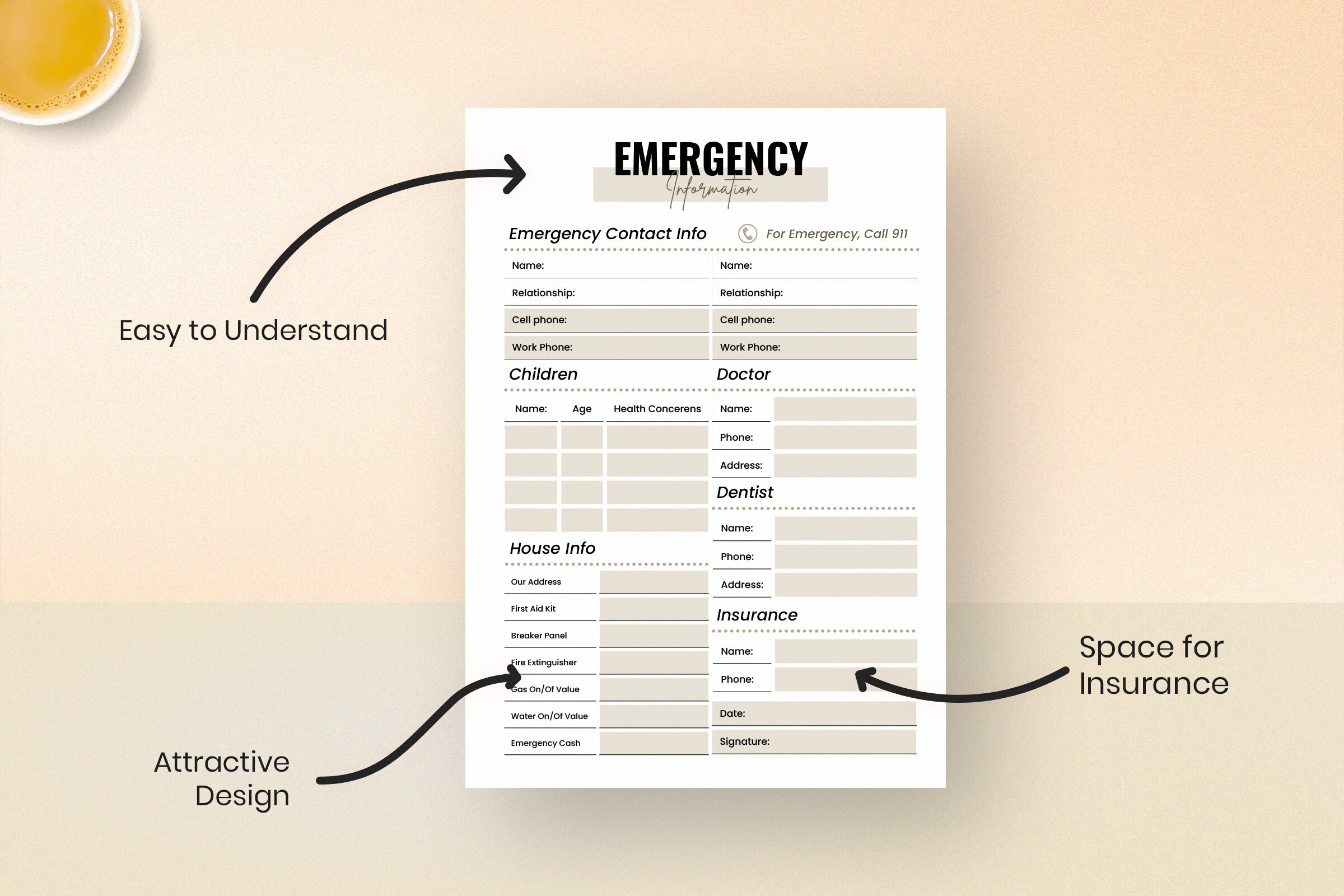Emergency Information Printable Emergency Contact Info Sheet - Etsy