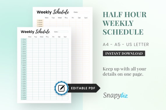Half Hour Weekly Schedule Editable Half Hour Weekly Schedule - Etsy