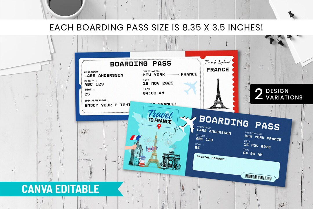 Editable France Trip Surprise Gift Ticket Canva Template Minimal ...