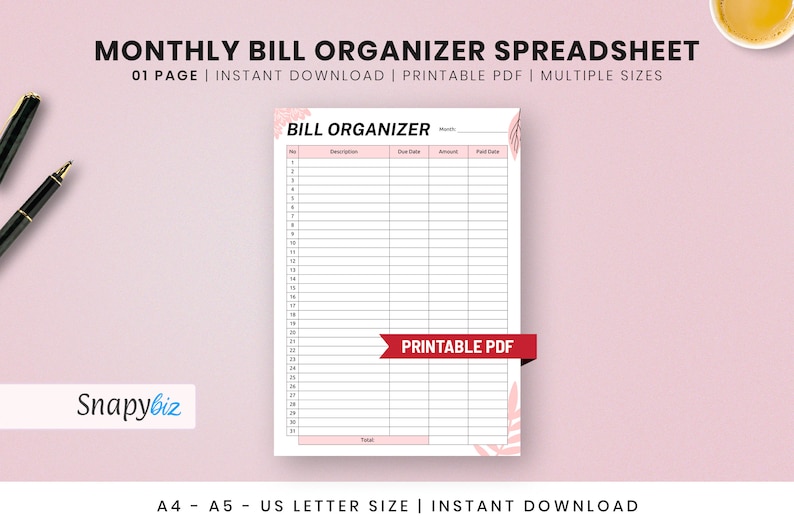 Monthly Bill Organizer Spreadsheet, Bill Spreadsheet, Spreadsheet ...