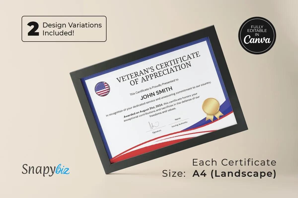 American Flag Appreciation Certificate, Veterans Award, Printable Canva ...