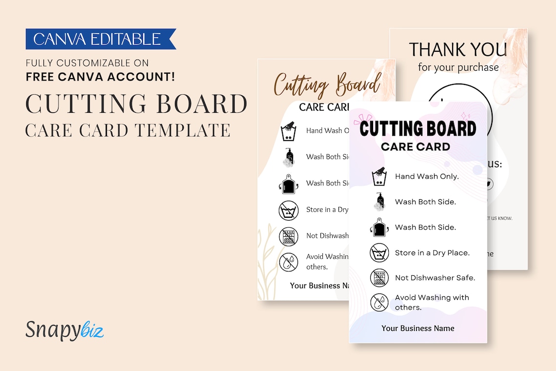 Editable Cutting Board Care Card Template, Wood Care Guide (CC-257) - Etsy