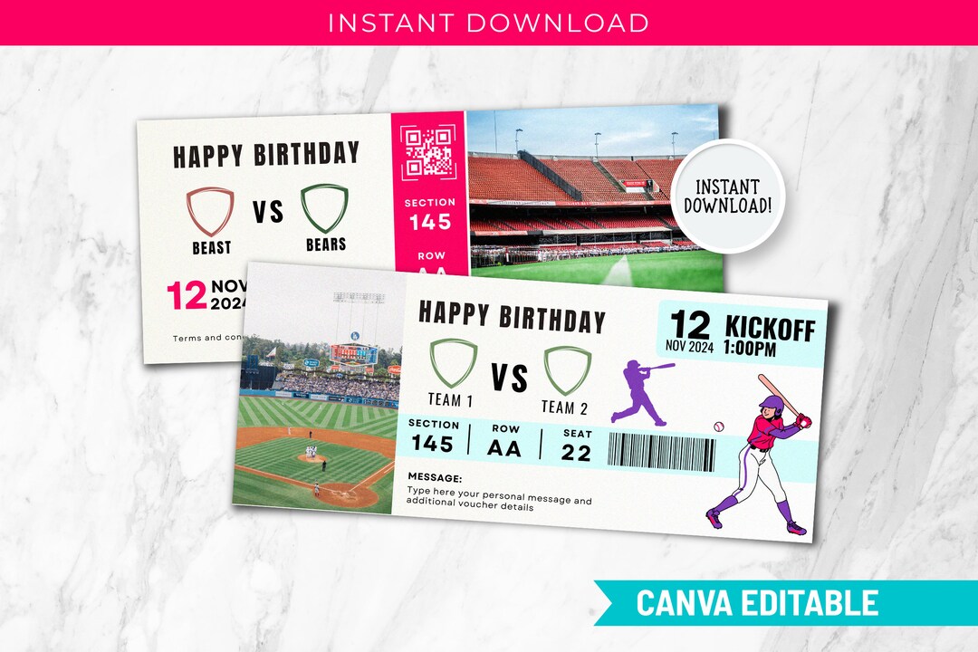Digital Surprise Baseball Ticket Canva Editable Template Printable ...