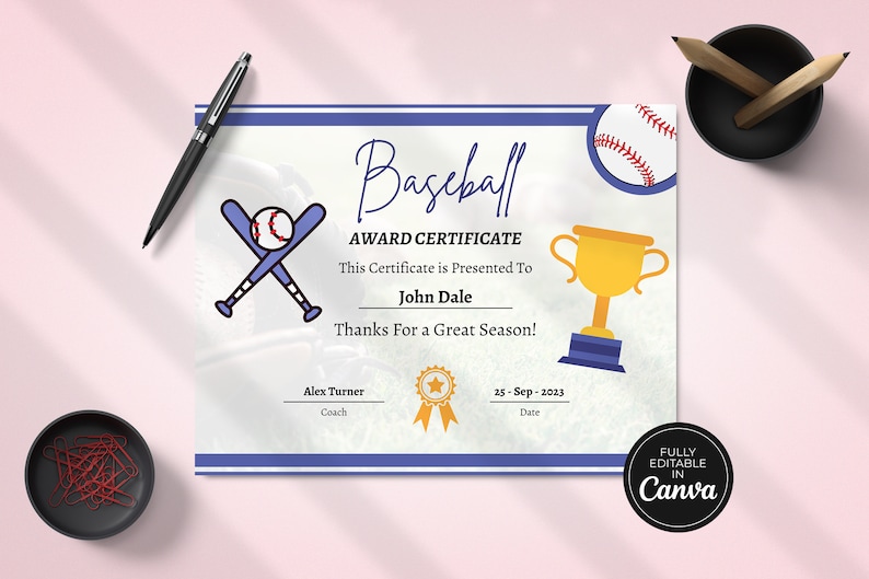 Printable Baseball Award Certificate, Canva Template for Youth Sports ...