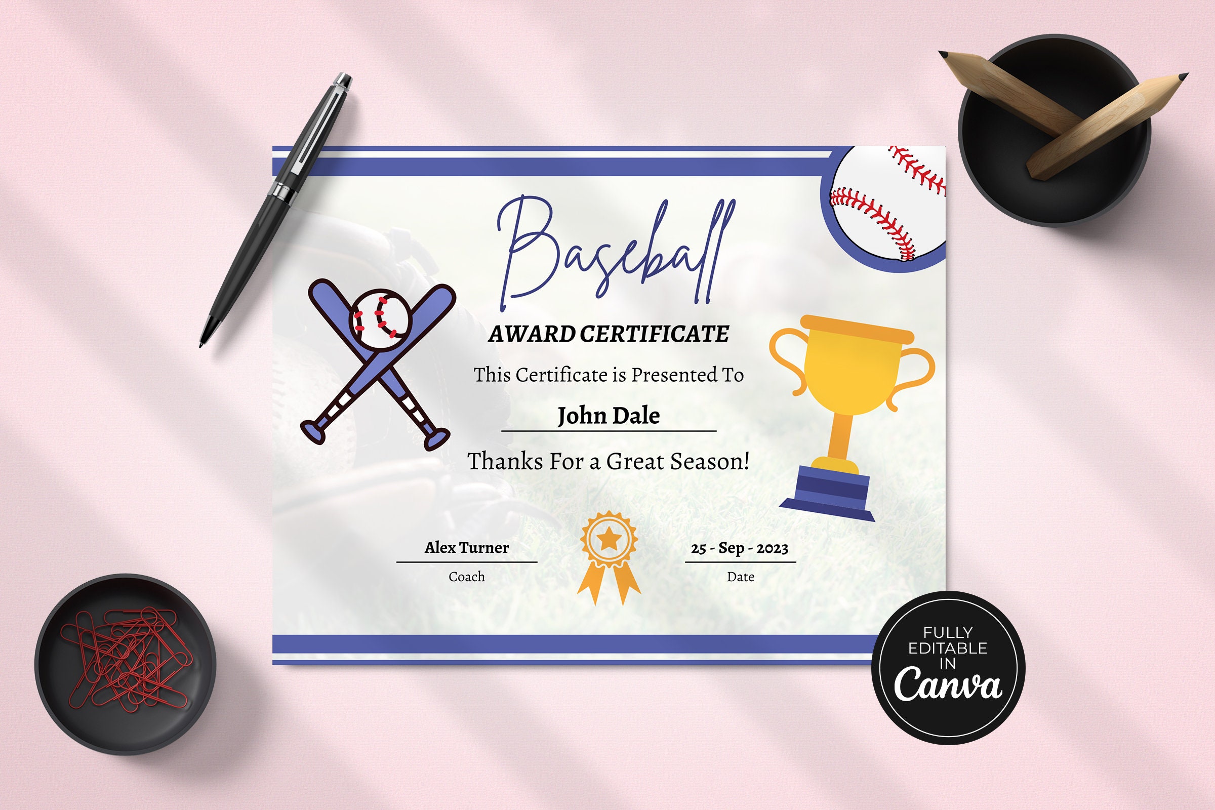 Printable Baseball Award Certificate, Canva Template for Youth Sports ...