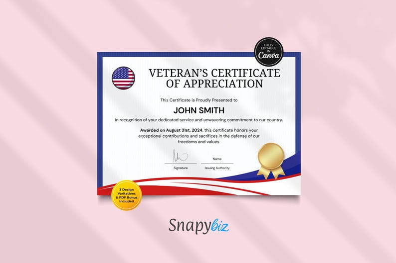 American Flag Appreciation Certificate, Veterans Award, Printable Canva Template - Etsy