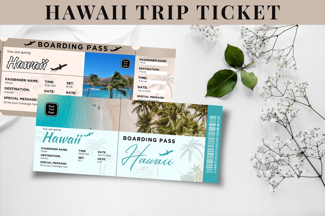 Hawaii Surprise Trip Ticket Boarding Pass Canva Template Printable ...