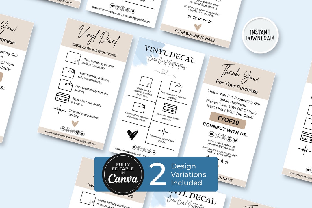 Printable Vinyl Decal Care Card Instructions Vinyl Decal Application Card Decal Application ...