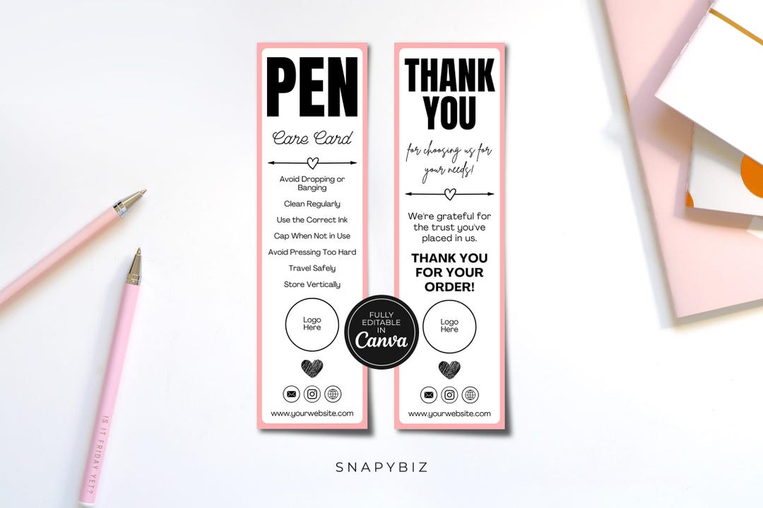 Pen Care Card Template, Editable Epoxy Pen Care Cards, Printable Gel ...