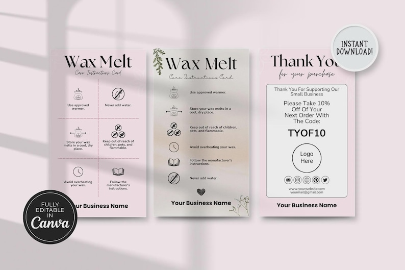 Wax Melt Care Card Canva Editable Template, Printable Candle Business ...