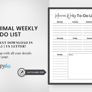 Weekly Planner Pdf, to Do List Template, Daily Checklist, Printable ...