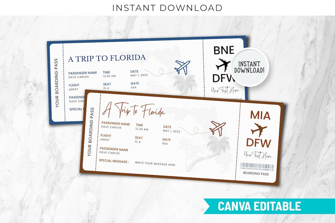 Florida Boarding Pass Invite Printable Airline Ticket Holiday Reveal ...