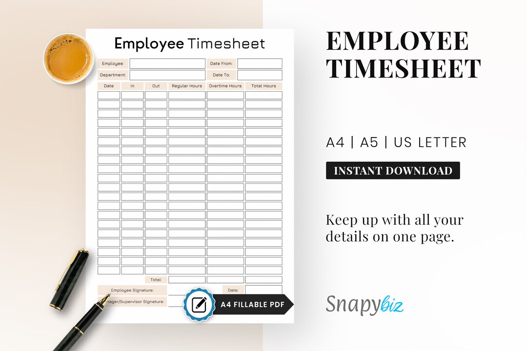 Fillable Employee Timesheet Printable Planner PDF, Work Time Tracker ...