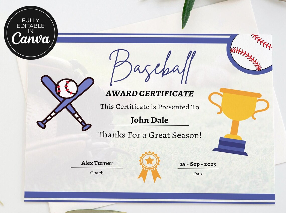 Printable Baseball Award Certificate, Canva Template for Youth Sports ...