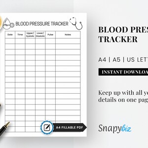 Printable Blood Pressure Health Tracker Log PDF Blood Record Health and ...