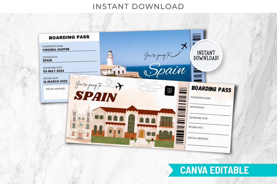 Spain Boarding Pass Ticket Template, Editable Spain Airline Ticket ...