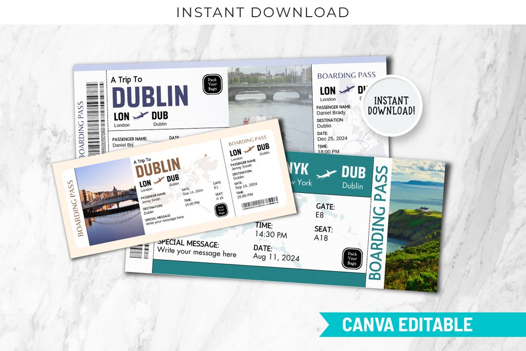 Editable Dublin Boarding Pass Template: Surprise Trip Ticket (canva) - Etsy