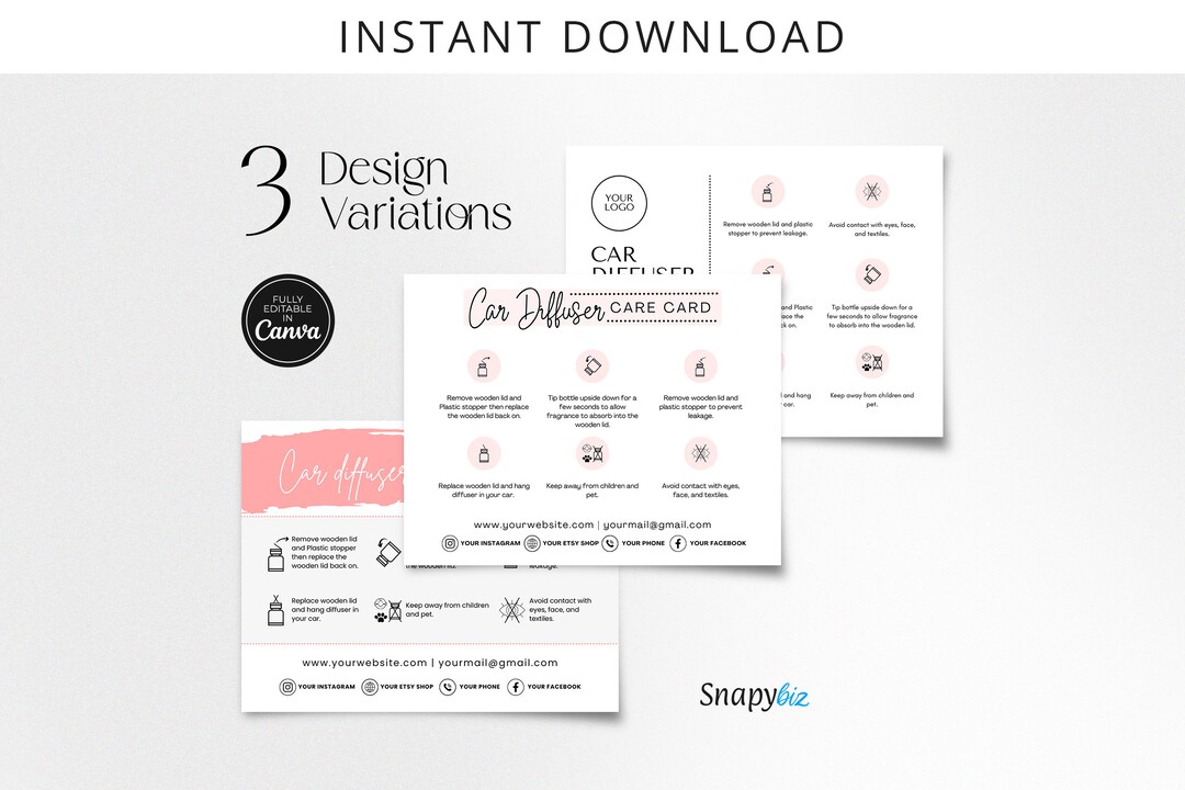 Car Diffuser Care Card Editable Template, Printable Car Diffuser Care ...