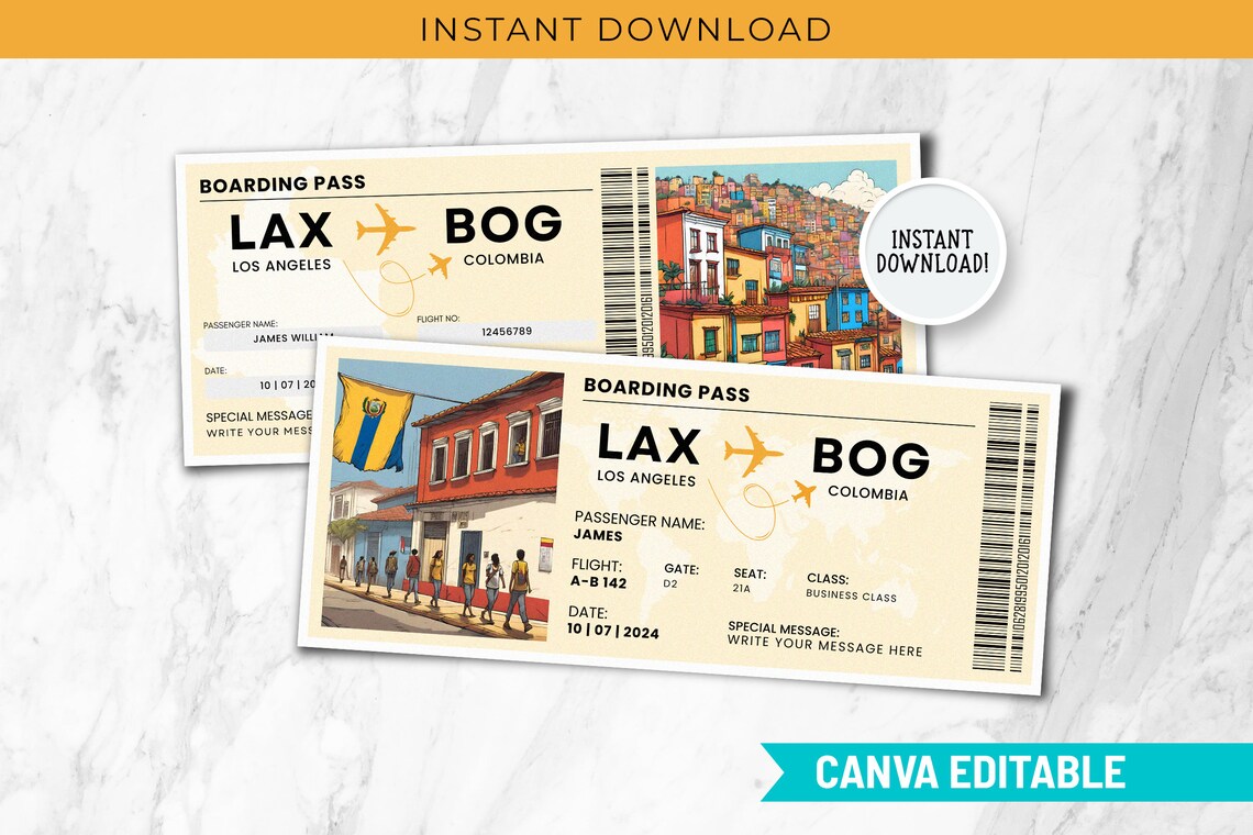 Travel Colombia Surprise Trip Airline Ticket Reveal Voucher Canva ...
