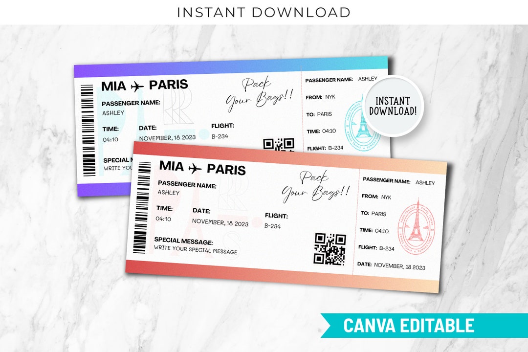 Editable Boarding Pass Flight Ticket Template, Customizable Travel ...