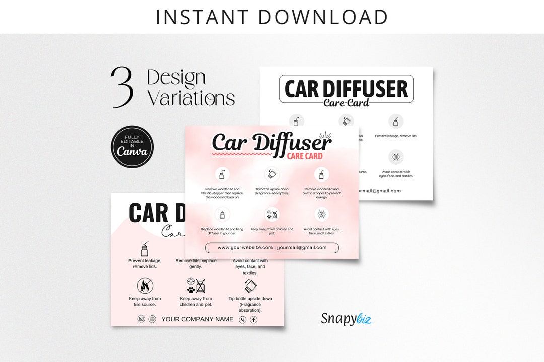 Customizable Car Diffuser Care Card Editable Template, Printable Car ...