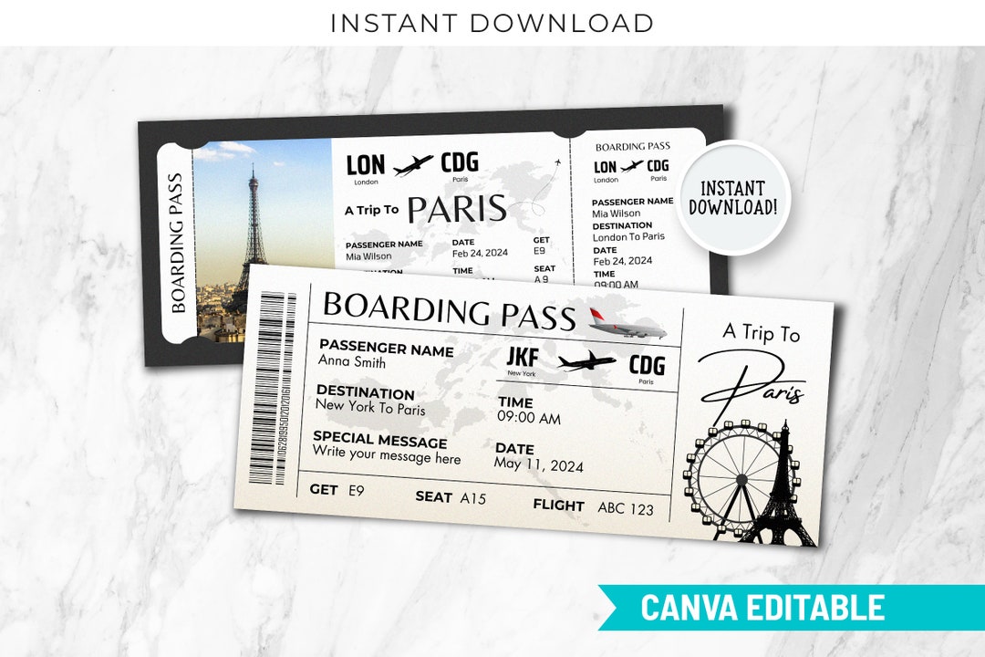 Paris Boarding Pass Canva Template Printable Boarding Pass Invite ...
