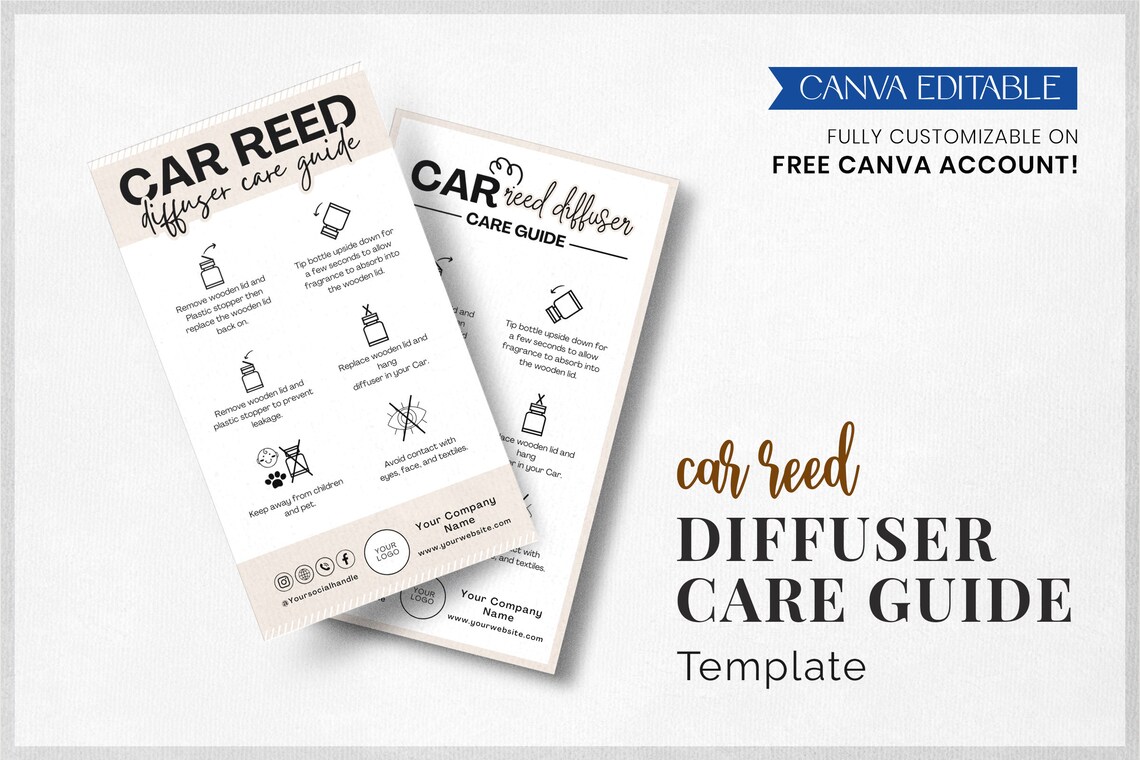 Car Reed Diffuser Care Card Guide Template: Printable Canva Editable ...