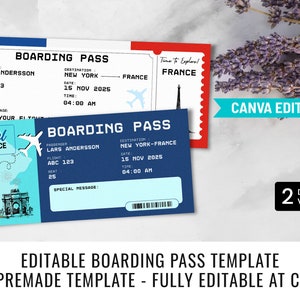 Editable France Trip Surprise Gift Ticket Canva Template Minimal ...
