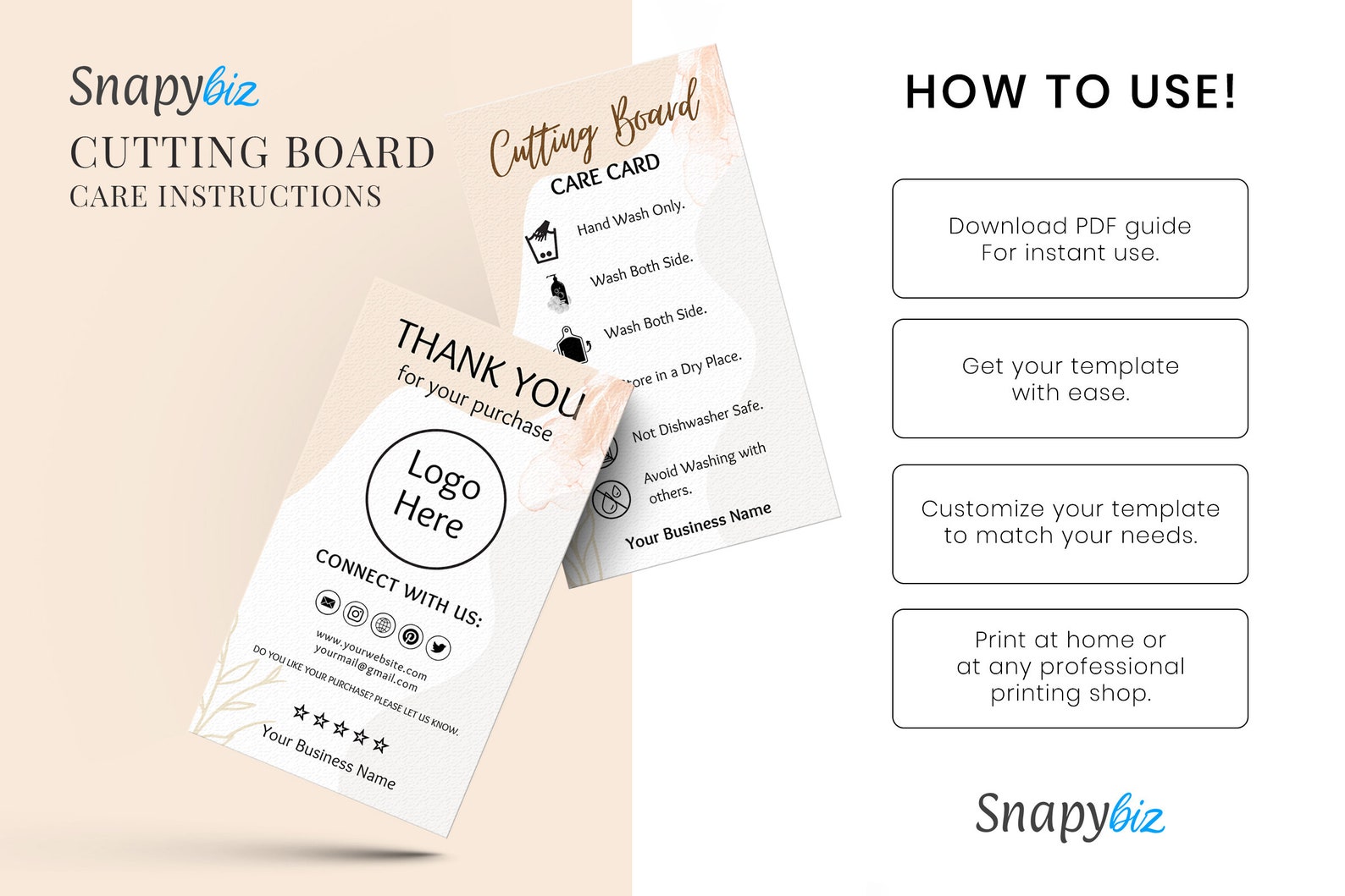 Editable Cutting Board Care Card Template, Wood Care Guide (CC-257) - Etsy