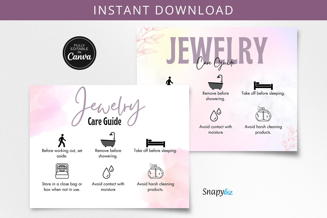 Jewelry Care Guide CANVA Editable Template Editable Jewelry Care Card ...