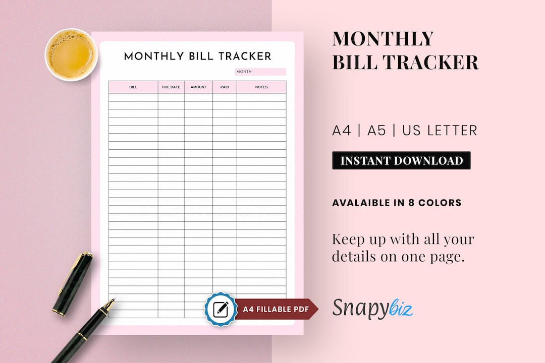 Fillable Monthly Bill Tracker: Printable PDF Planner - Etsy