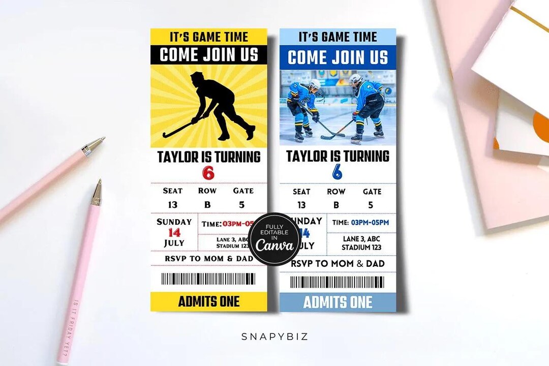 Hockey Ticket Birthday Invitation Canva, Printable Hockey Invitation ...