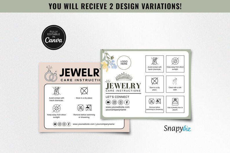 Jewelry Care Instructions Editable Template Editable Jewelry Care Card ...