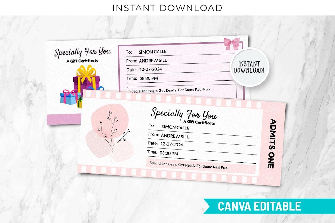 Editable Gift Ticket, Print at Home Birthday Voucher, Date Night ...