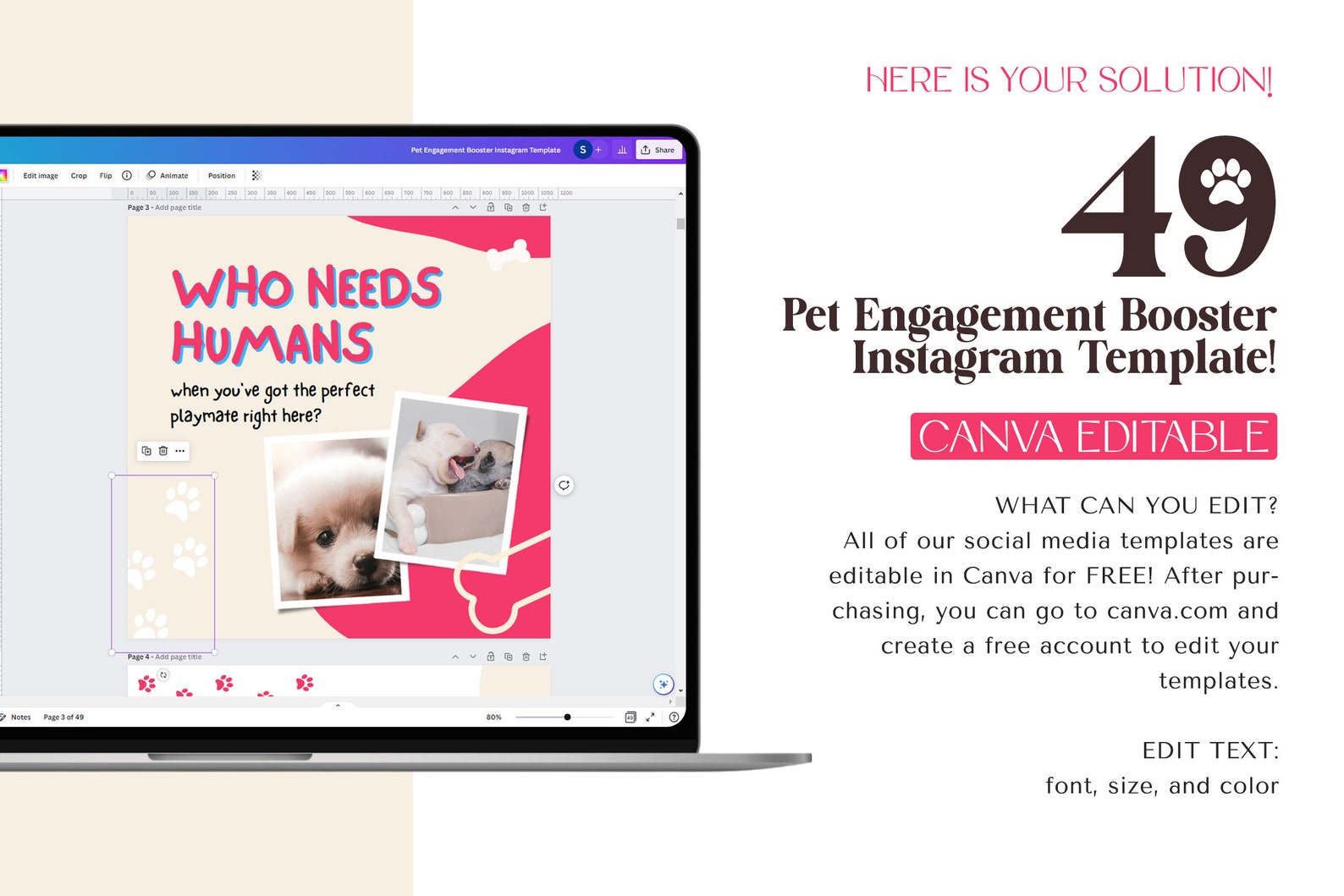 Pet Instagram, Editable Canva Template, Pet Social Media, Digital ...
