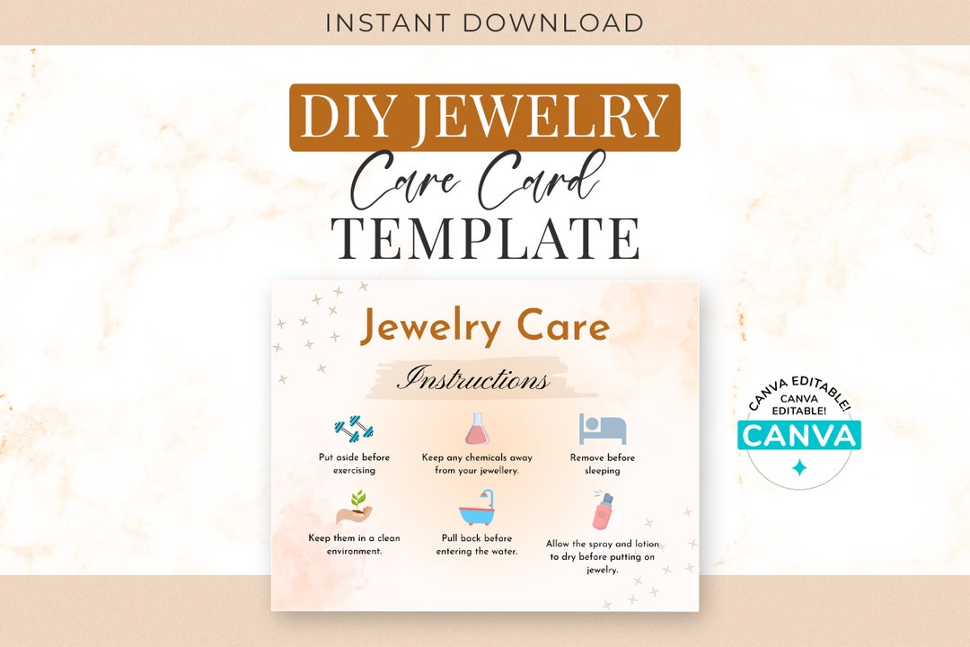 Editable Jewelry Care Card Template | Printable Jewelry Care ...