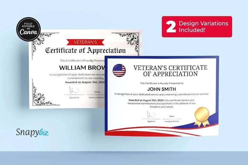 American Flag Appreciation Certificate, Veterans Award, Printable Canva Template - Etsy