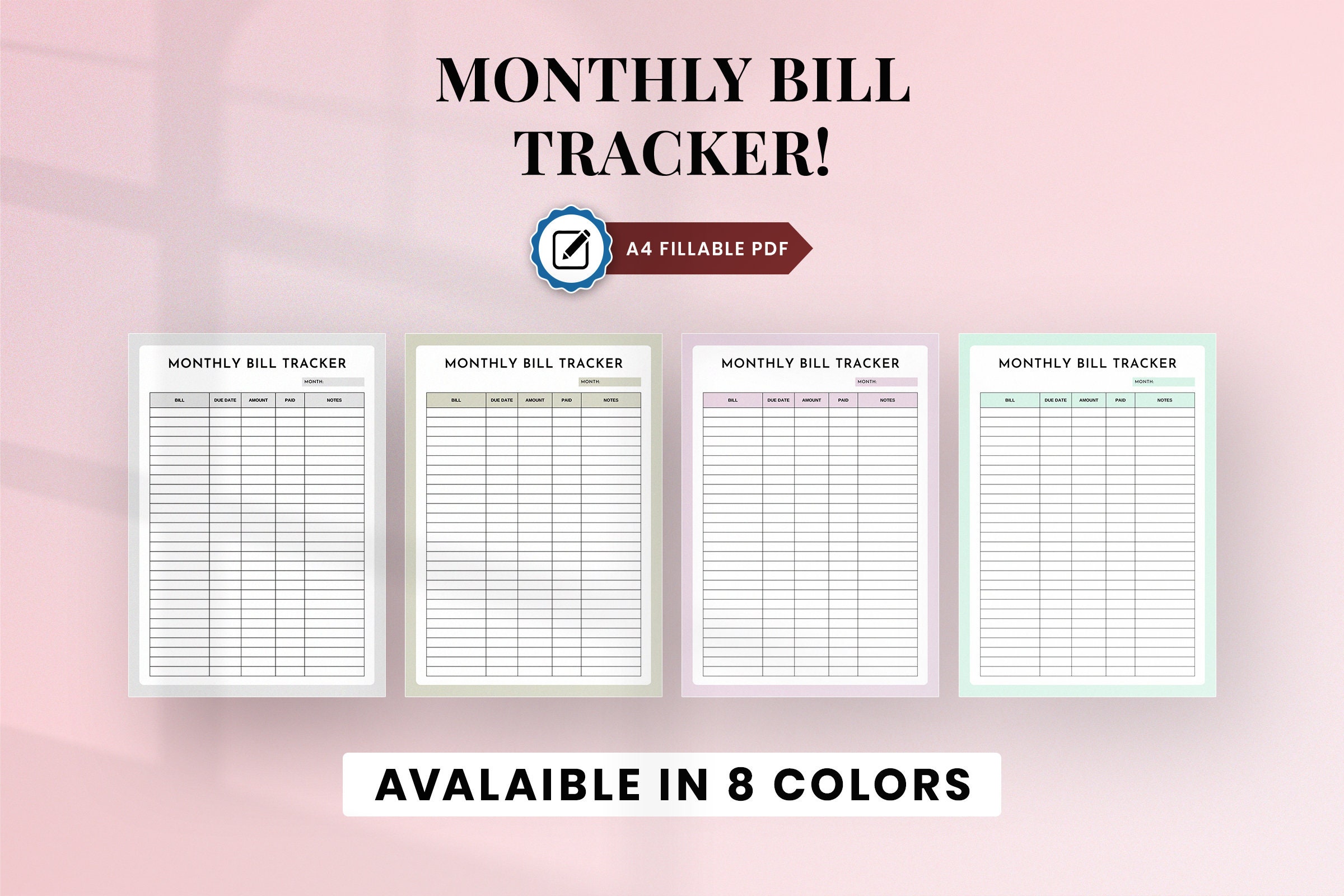 Fillable Monthly Bill Tracker Printable Planner PDF Bill - Etsy Australia