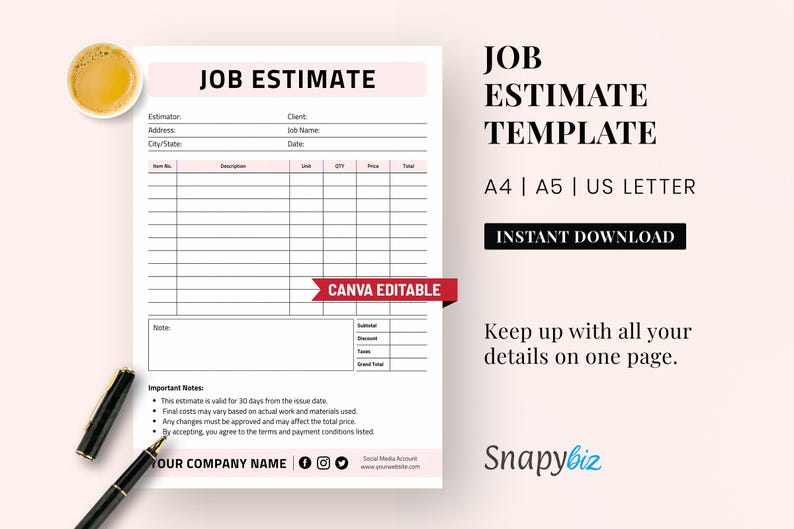 Editable Job Estimate Template, Construction, Freelance (canva, A4/A5 ...