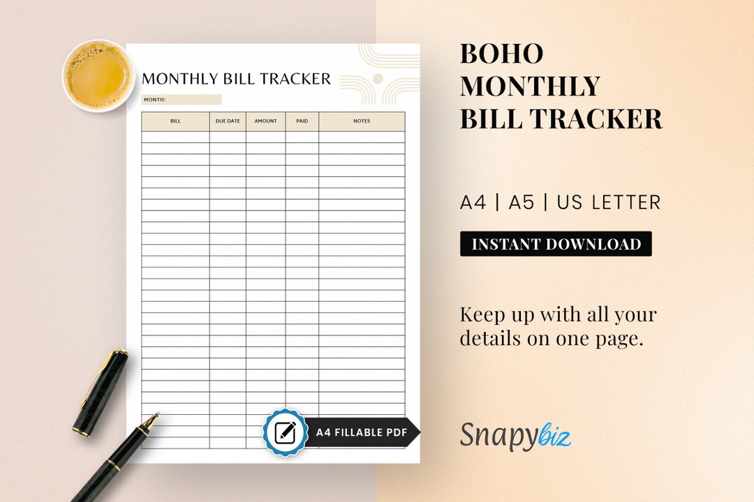 Fillable Monthly Bill Tracker Printable Planner, Bill Tracker PDF, Bill ...