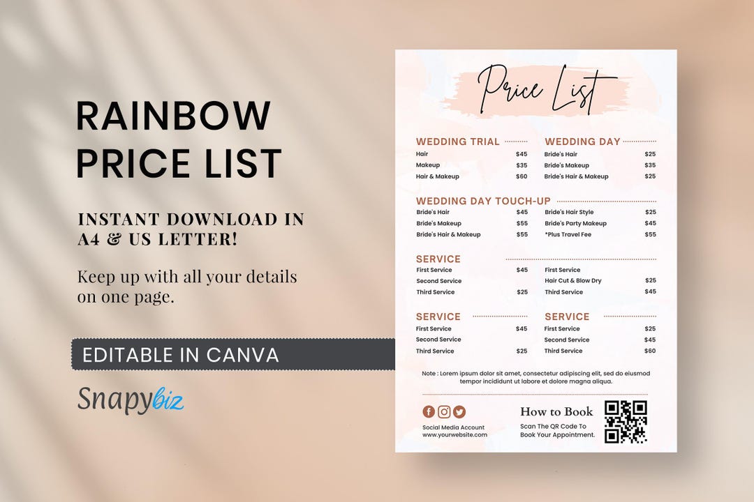 Wedding Price List Template, Editable Price Sheet, Printable Wedding ...