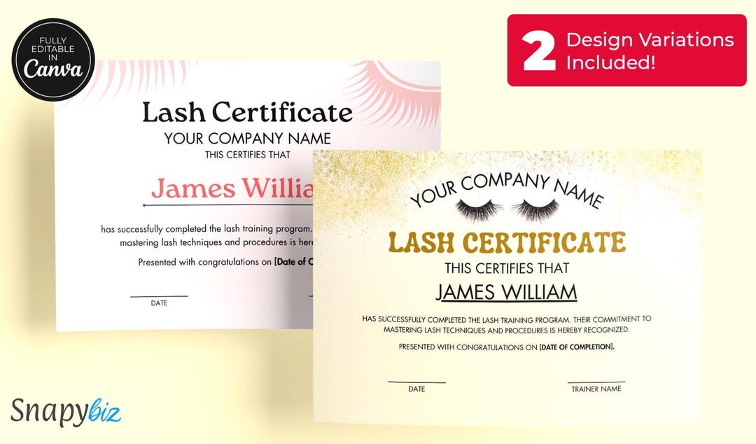 Lash Certificate, Editable, Canva, Template, Printable, Beauty Course ...